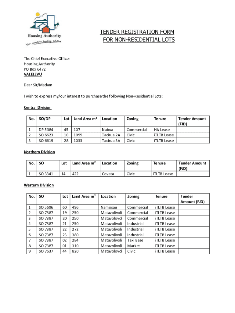 Fillable Online TENDER REGISTRATION FORM FOR ZONE B RESIDENTIAL ... Fax ...