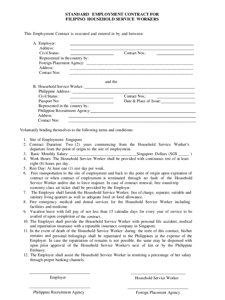 Fillable Online STANDARD EMPLOYMENT CONTRACT Sample Clauses Fax Email ...