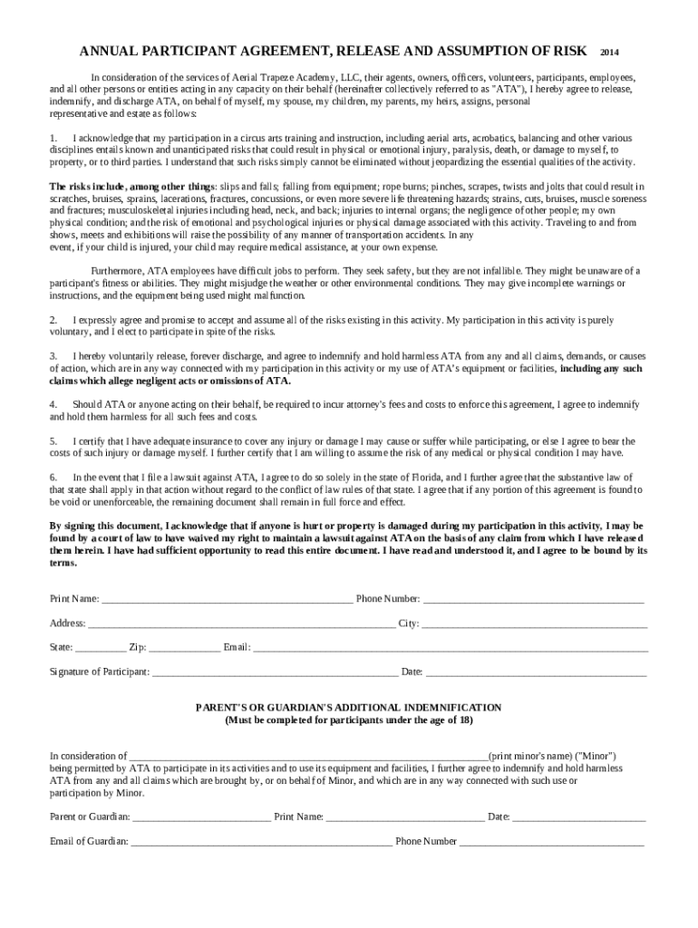 ANNUAL PARTICIPANT AGREEMENT, RELEASE AND ASSUMPTION OF RISK2014 Doc Template | pdfFiller