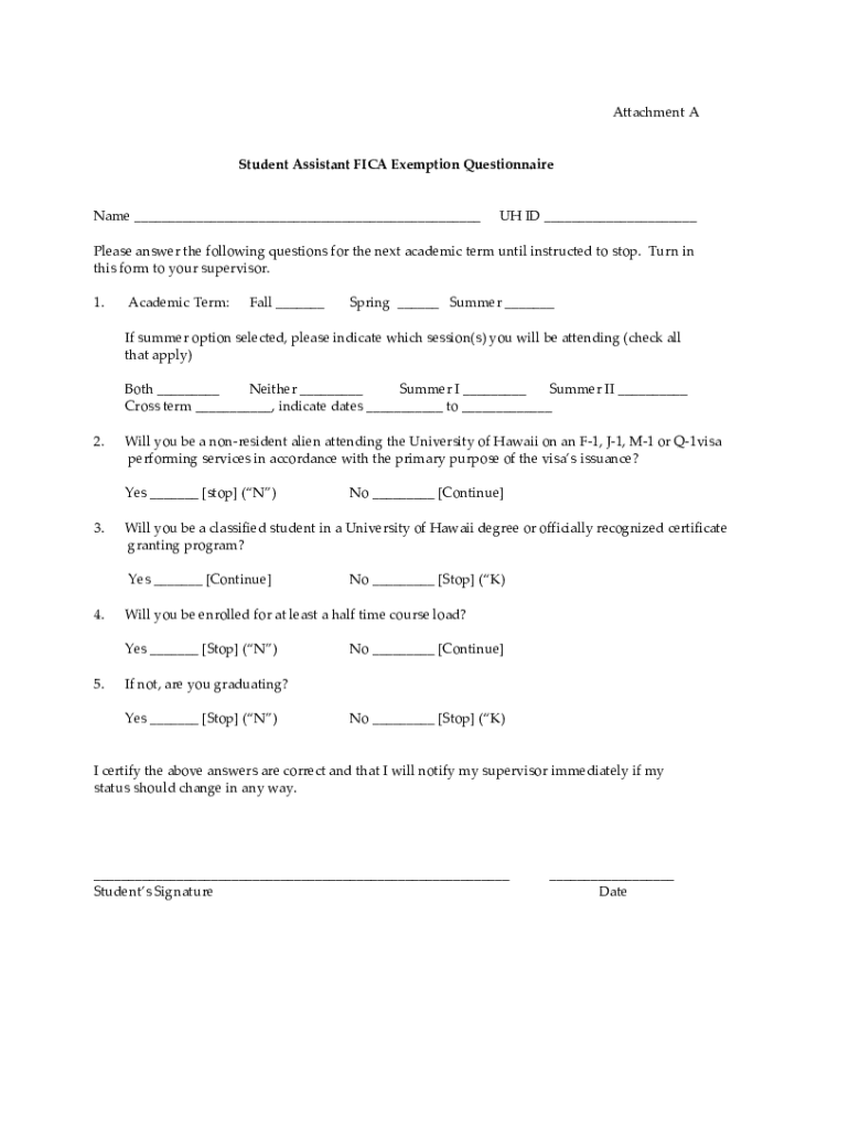 Fillable Online Attachment A Student Assistant FICA Exemption ... Fax ...