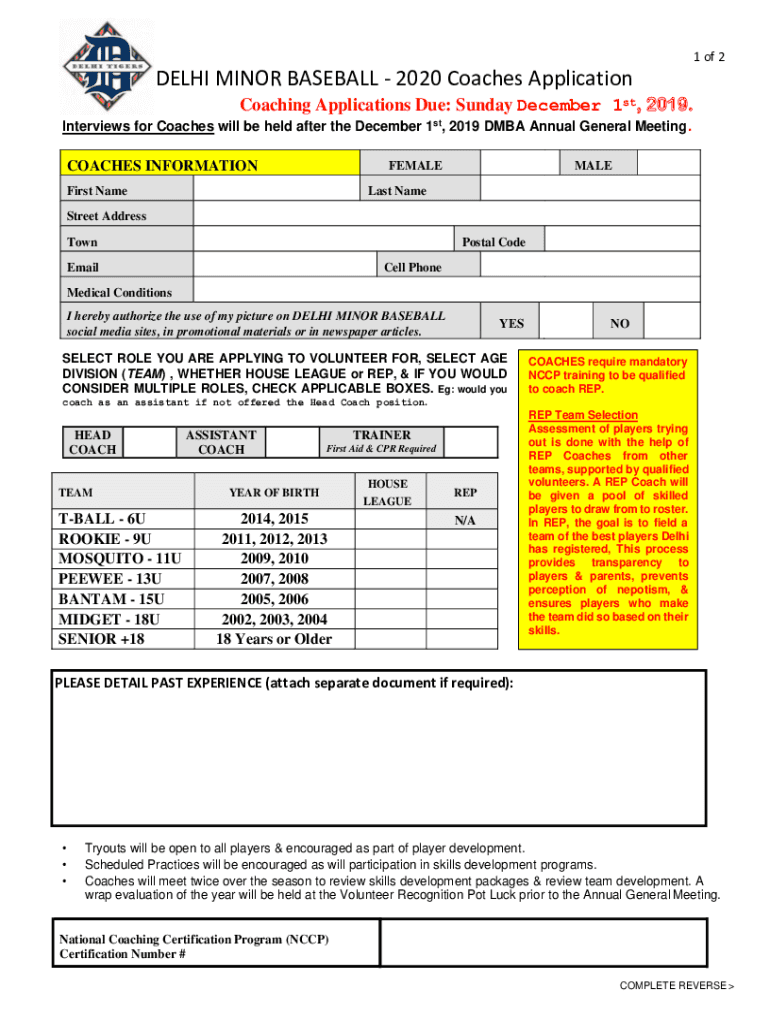 Fillable Online 2020 Coaches Application - DELHI MINOR BASEBALL Fax ...