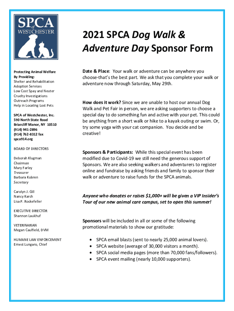 Fillable Online SPCA Walk for the Animals - SPCA of Anne Arundel County ...