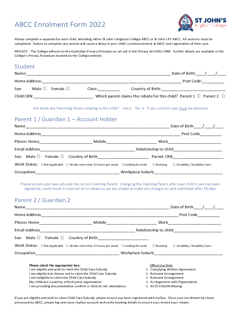 Fillable Online ABCC Enrolment Form 2022 - St John's Anglican College ...