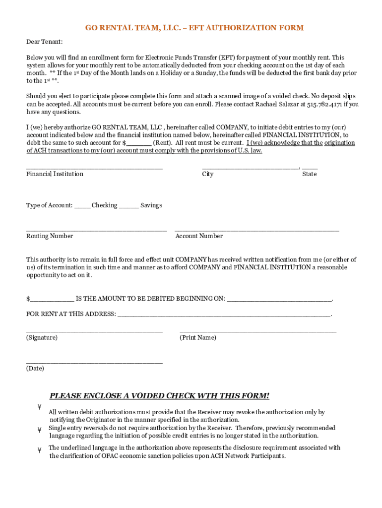 Fillable Online go rental team, llc.eft authorization form Fax Email ...
