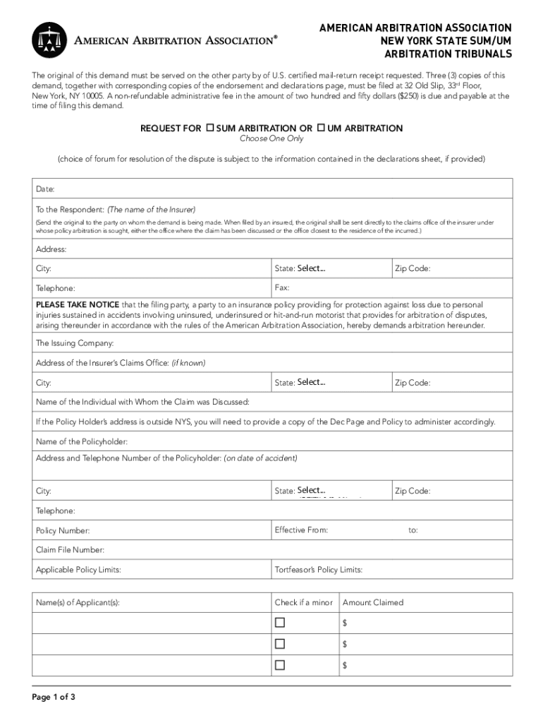 Fillable Online nysinsurance adr American Arbitration Um - Fill Online ...
