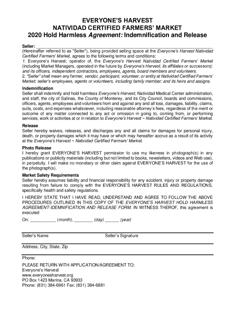 Fillable Online 2020 Hold Harmless Agreement: Indemnification and Release Fax Email Print ...