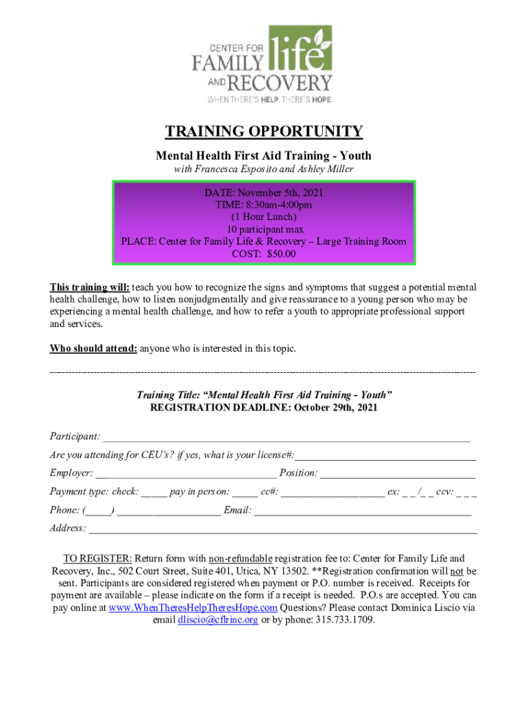 Fillable Online TRAINING OPPORTUNITY - Center for Family Life and Recovery Fax Email Print ...