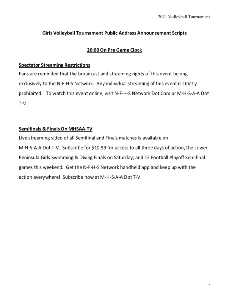 Fillable Online Girls Volleyball Tournament Public Address Announcement ...