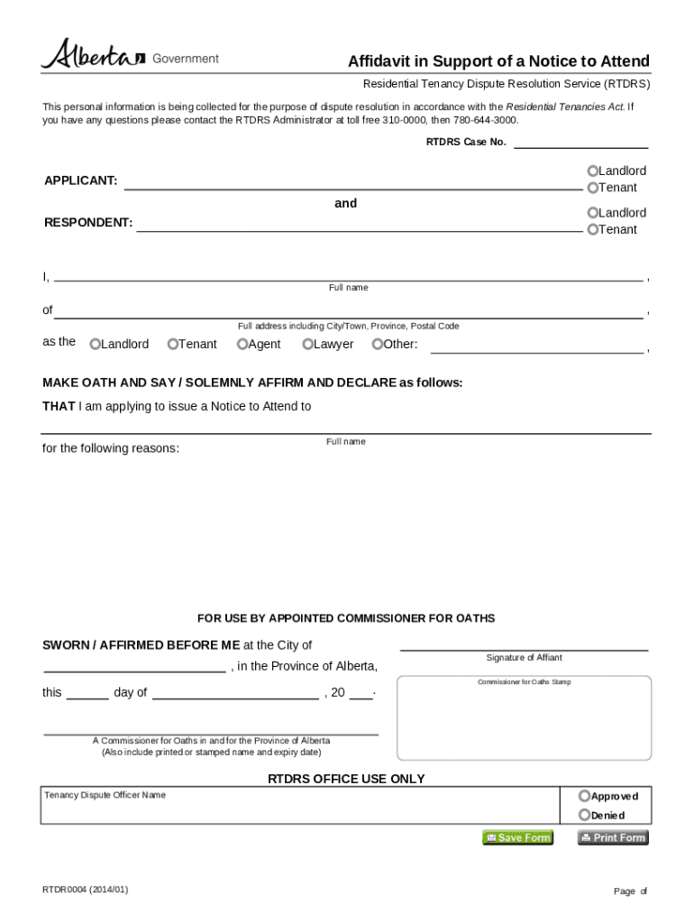 Fillable Online Affidavit in Support of a Notice to Attend. Landlords ...