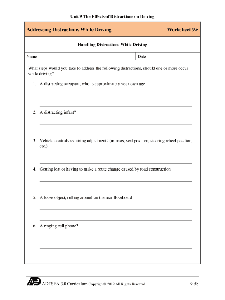 Fillable Online Addressing Distractions While Driving Worksheet 9.5 Fax ...