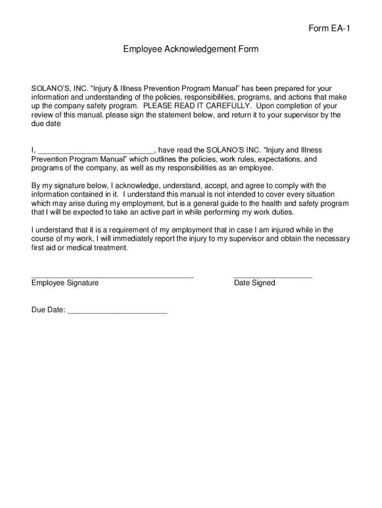 Fillable Online Form EA-1 Employee Acknowledgement Form Fax Email Print ...