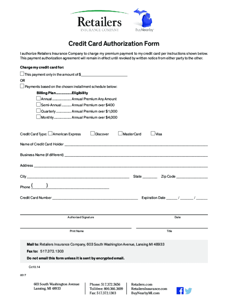 Fillable Online Credit Card Authorization Form - Retailers Insurance ...