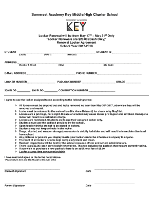 Fillable Online Middle School Locker Agreement Form Fax Email Print ...