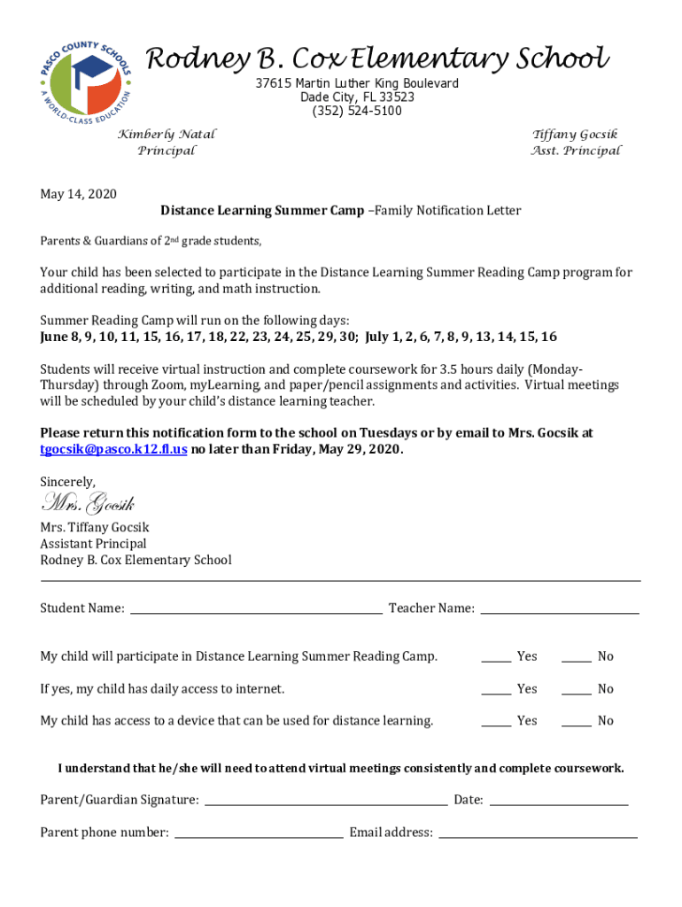 Fillable Online Rodney B. Cox Elementary School - Dade City, Florida ...