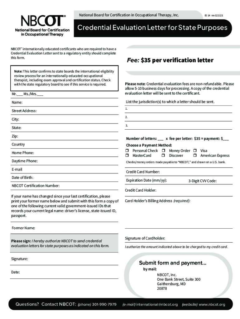 Fillable Online NBCOT Credential Evaluation Letter for Personal Use Fax ...