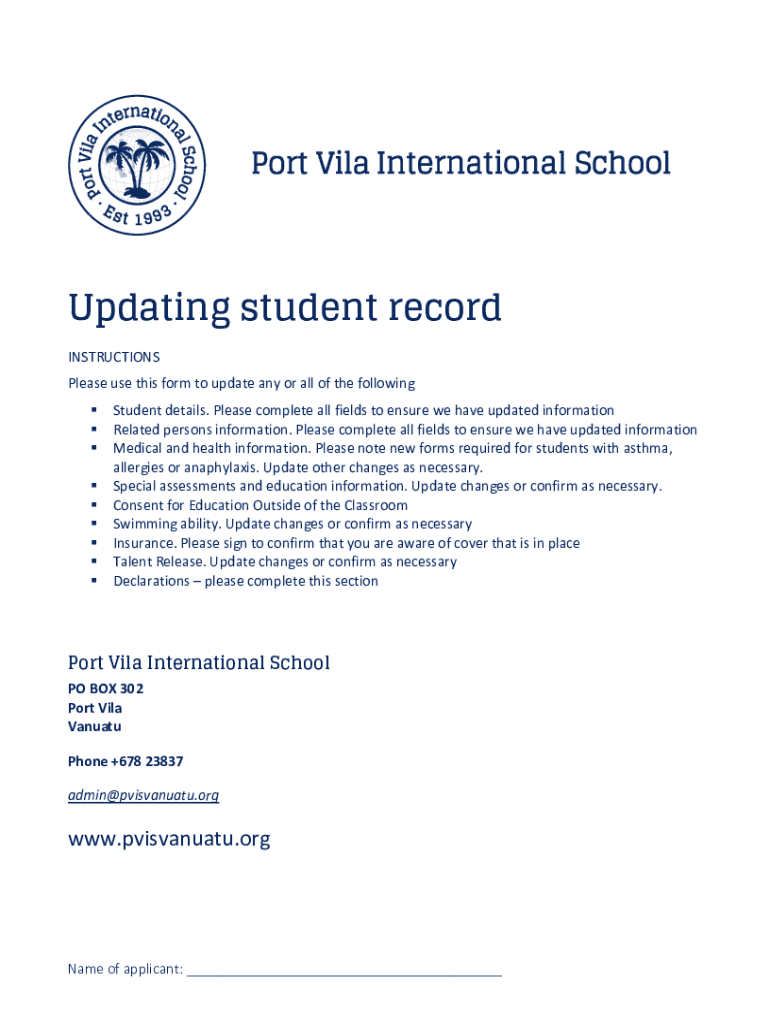 Fillable Online Updating student record - Port Vila International School Fax Email Print - pdfFiller