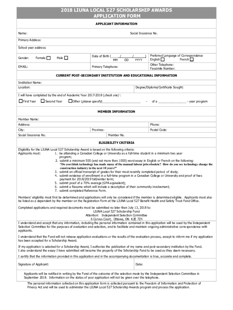 Fillable Online 2018 liuna local 527 scholarship awards application ...