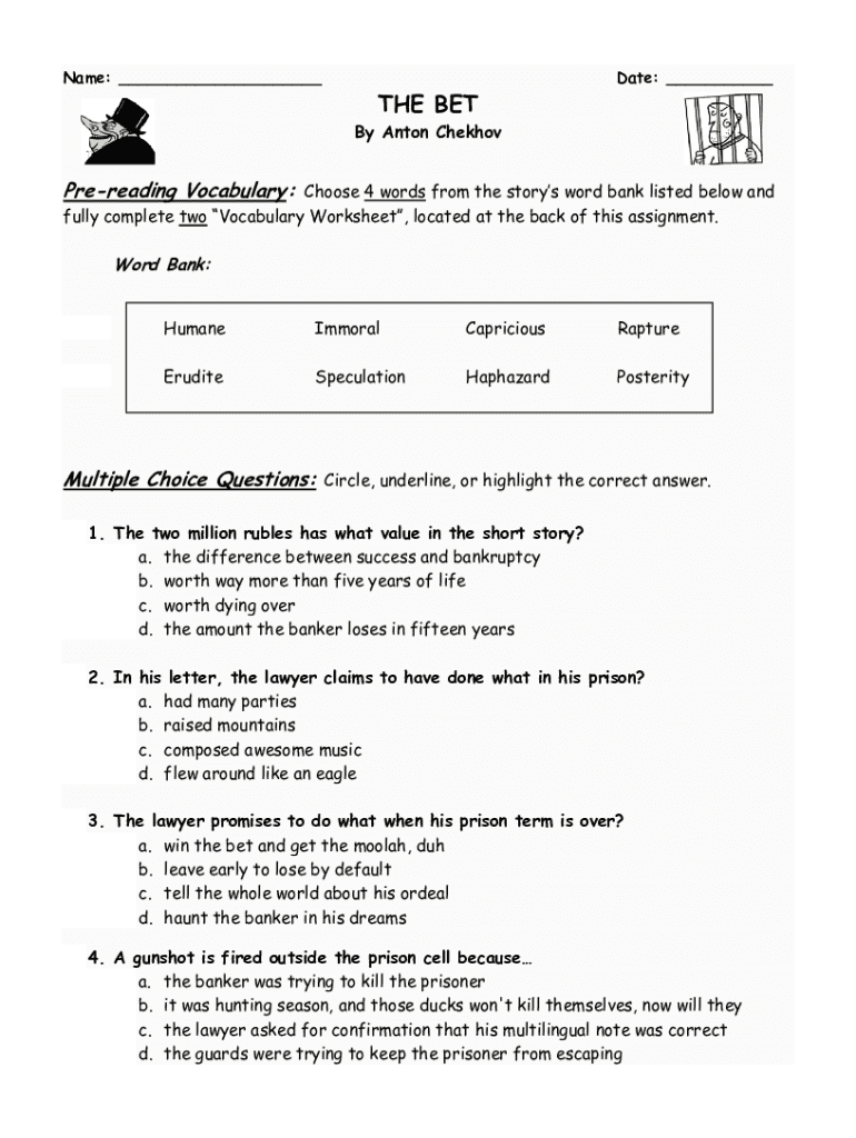 Fillable Online Literature: The Bet (Anton Chekhov) - Vocabulary List ...