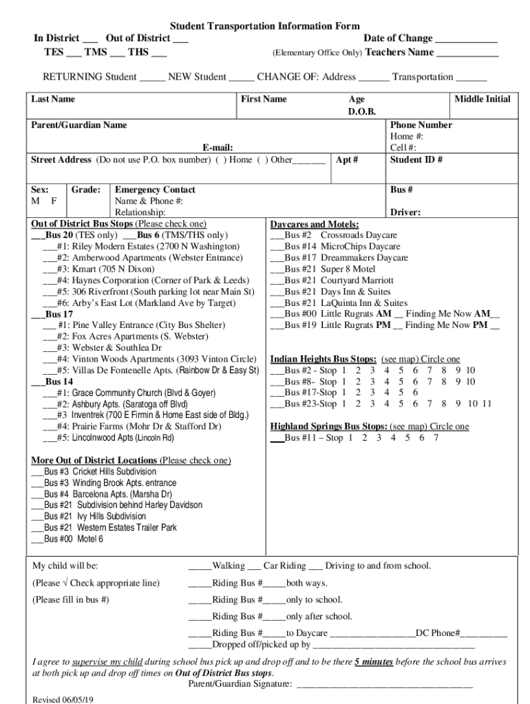 Fillable Online STUDENT TRANSPORTATION INFORMATION FORM - Taylor ...