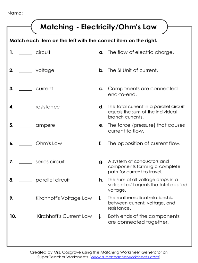Fillable Online Super Teacher Worksheets: Matching - Electricity/Ohm's ...