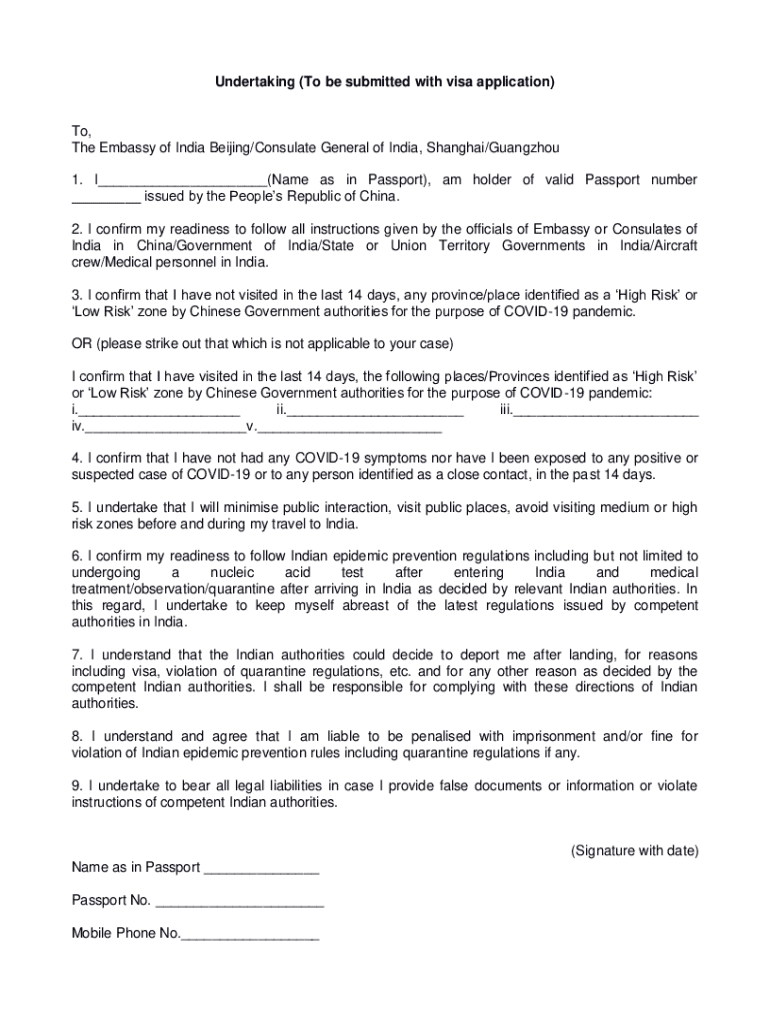 Fillable Online Undertaking (To be submitted with visa application) Fax ...