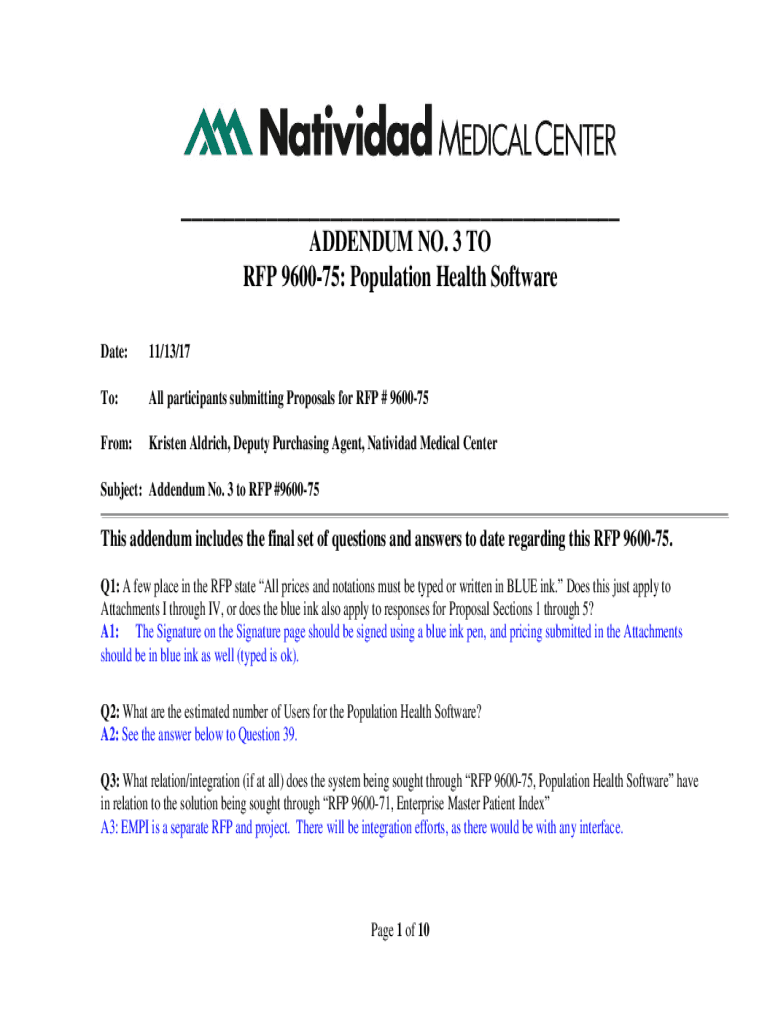 Fillable Online ADDENDUM NO. 3 TO RFP 9600-75: Population Health ... Fax Email Print - pdfFiller