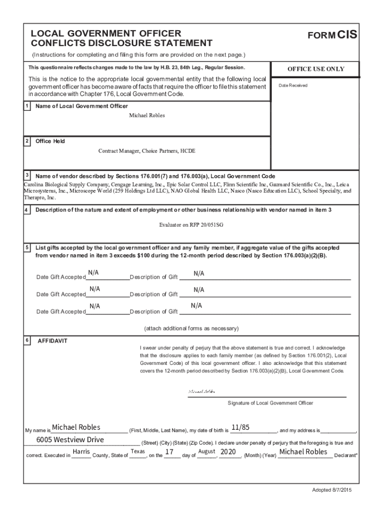 Fillable Online Fillable FORM CIS: LOCAL GOVERNMENT OFFICER CONFLICTS ...