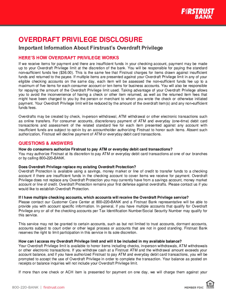 Fillable Online Overdraft Privilege Disclosure - Community First Bank Fax Email Print - pdfFiller