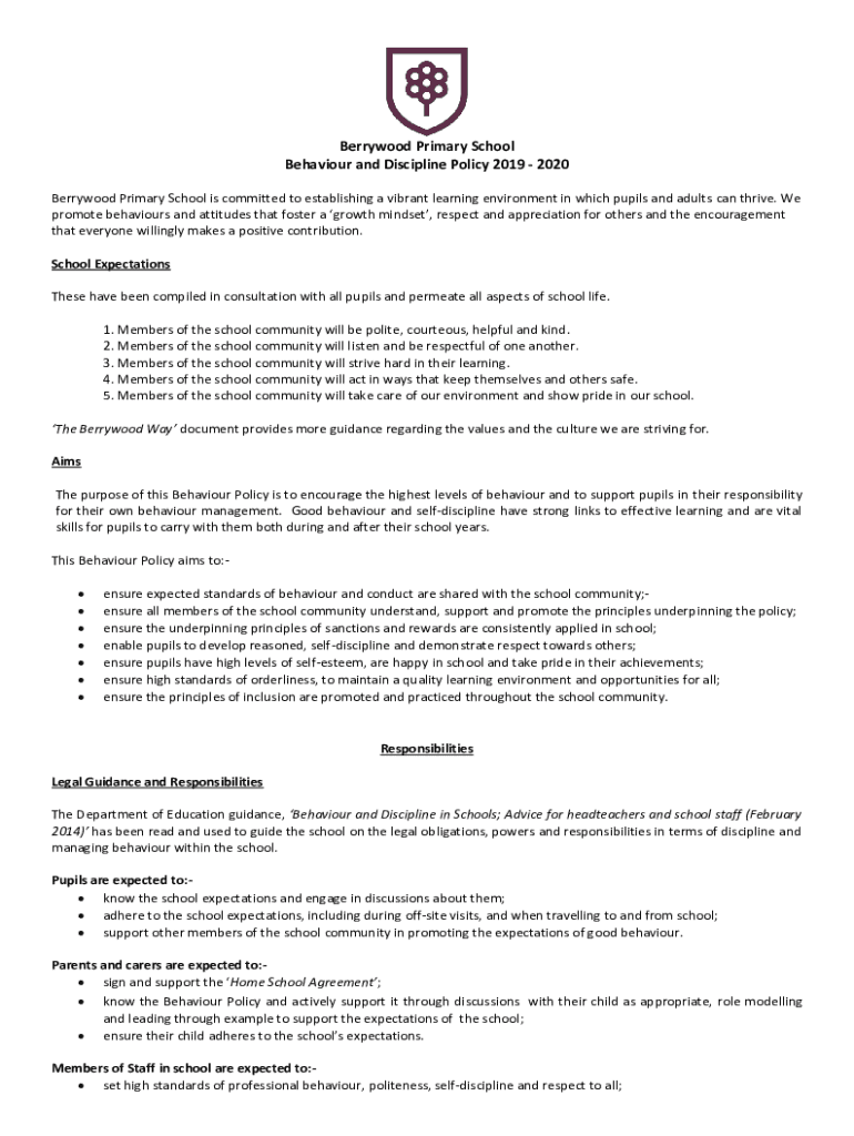 Fillable Online WHOLE SCHOOL BEHAVIOUR POLICY Elm Tree Community ...