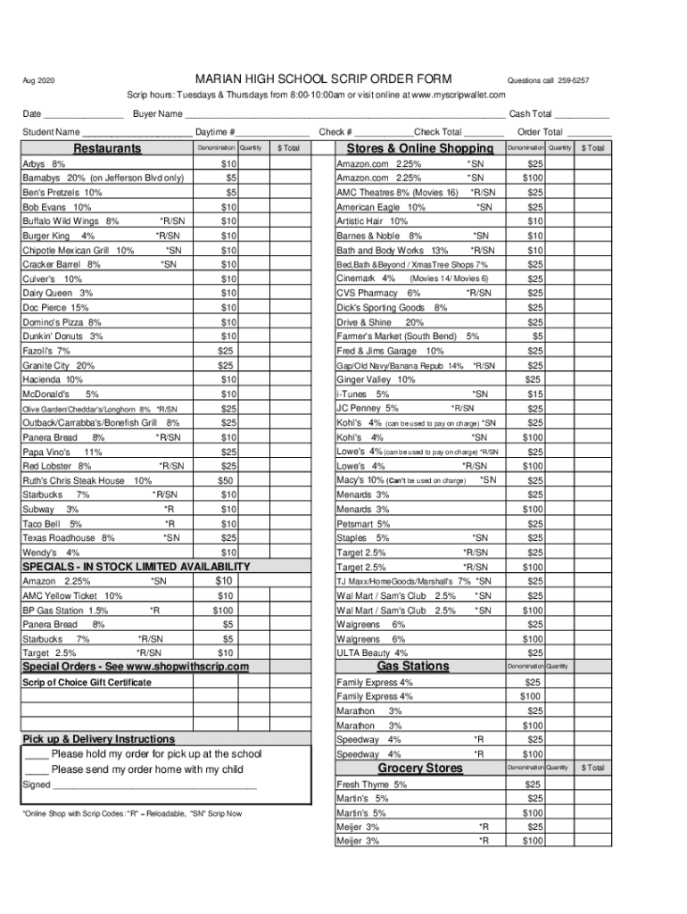 Fillable Online Scrip Order Form - St. Mary Catholic School Fax Email Print - pdfFiller