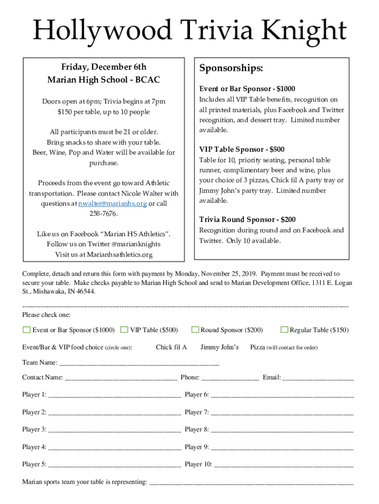 Fillable Online Hollywood Trivia Knight - Marian High School Fax Email Print - pdfFiller