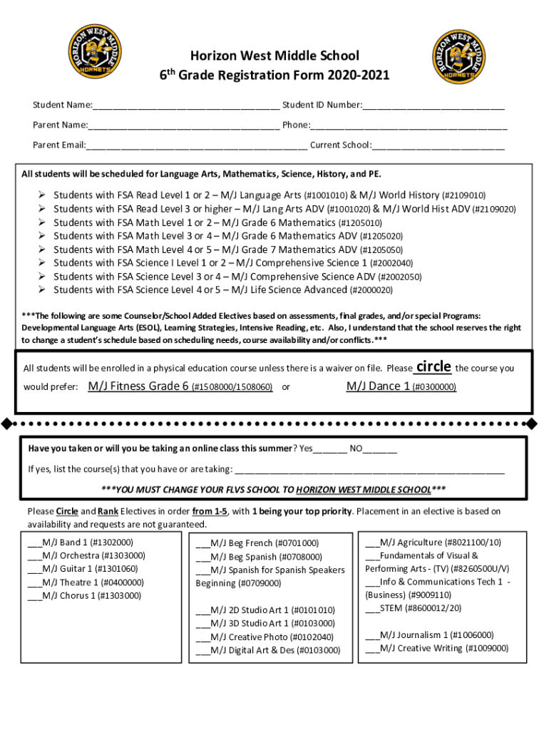 Fillable Online Horizon West Middle School 6th Grade Registration Form ...