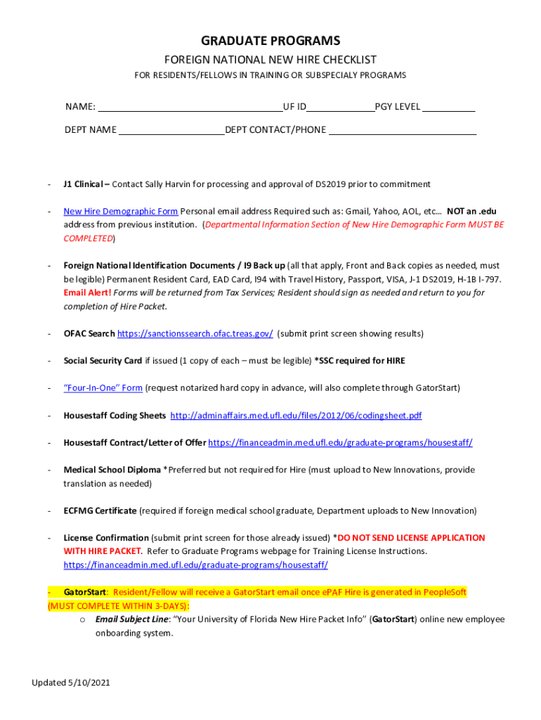 Fillable Online Resident Checklists - Human Resources - University of ...