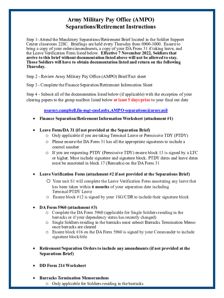 Fillable Online Army Military Pay Office (AMPO) Separations/Retirement ...
