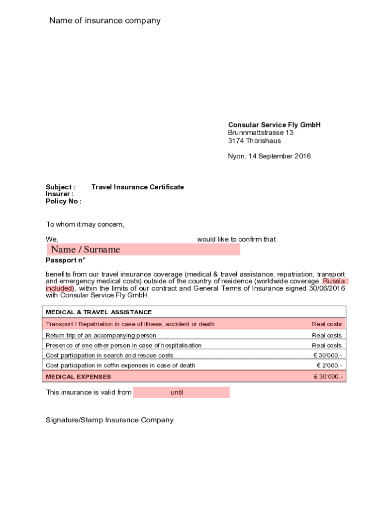 Fillable Online Travel Insurance Certificate - Consular Service Fly Fax ...