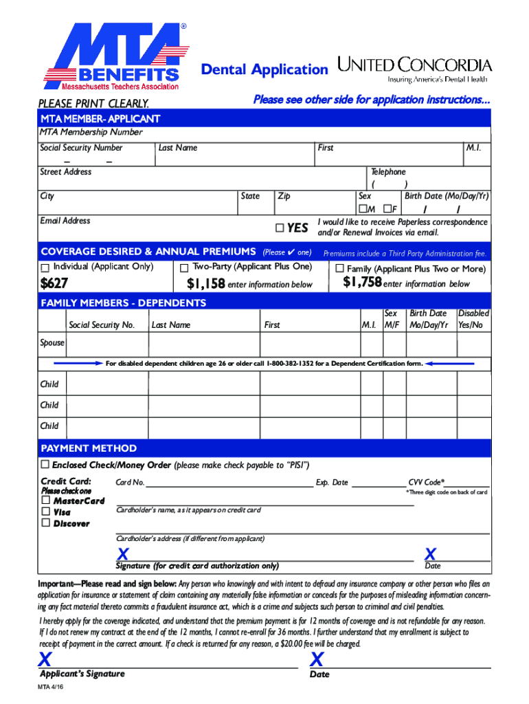 Fillable Online Dental Application - MTA Benefits Fax Email Print ...