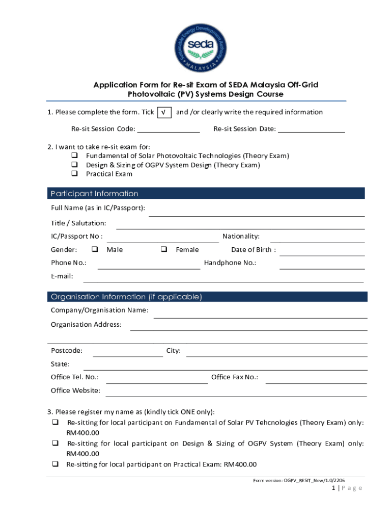 Fillable Online Application Form for Re-sit Exam of SEDA Malaysia Off ...