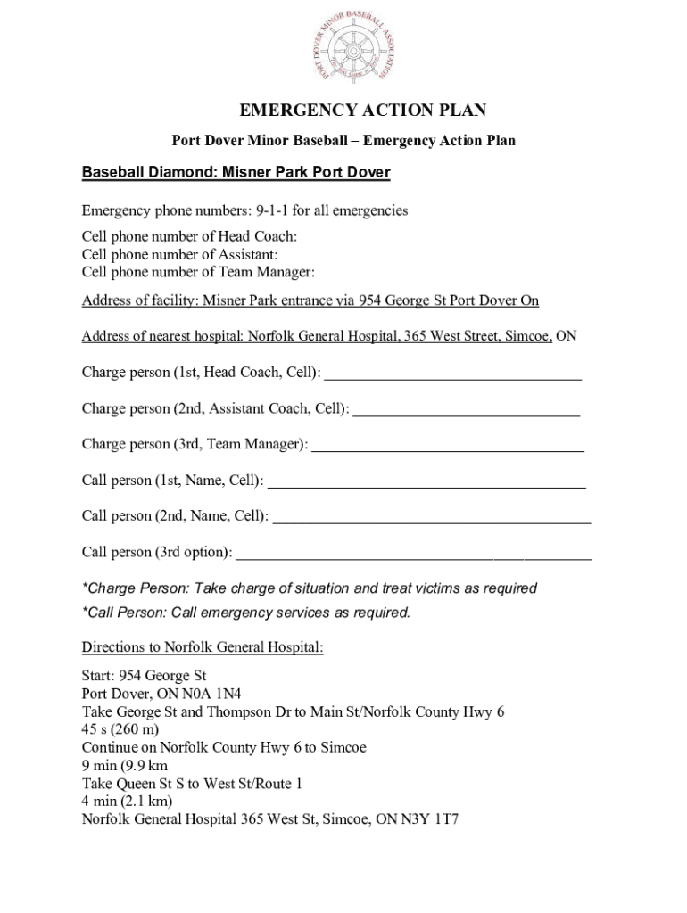 Fillable Online EMERGENCY ACTION PLAN - Port Dover Minor Baseball Fax ...