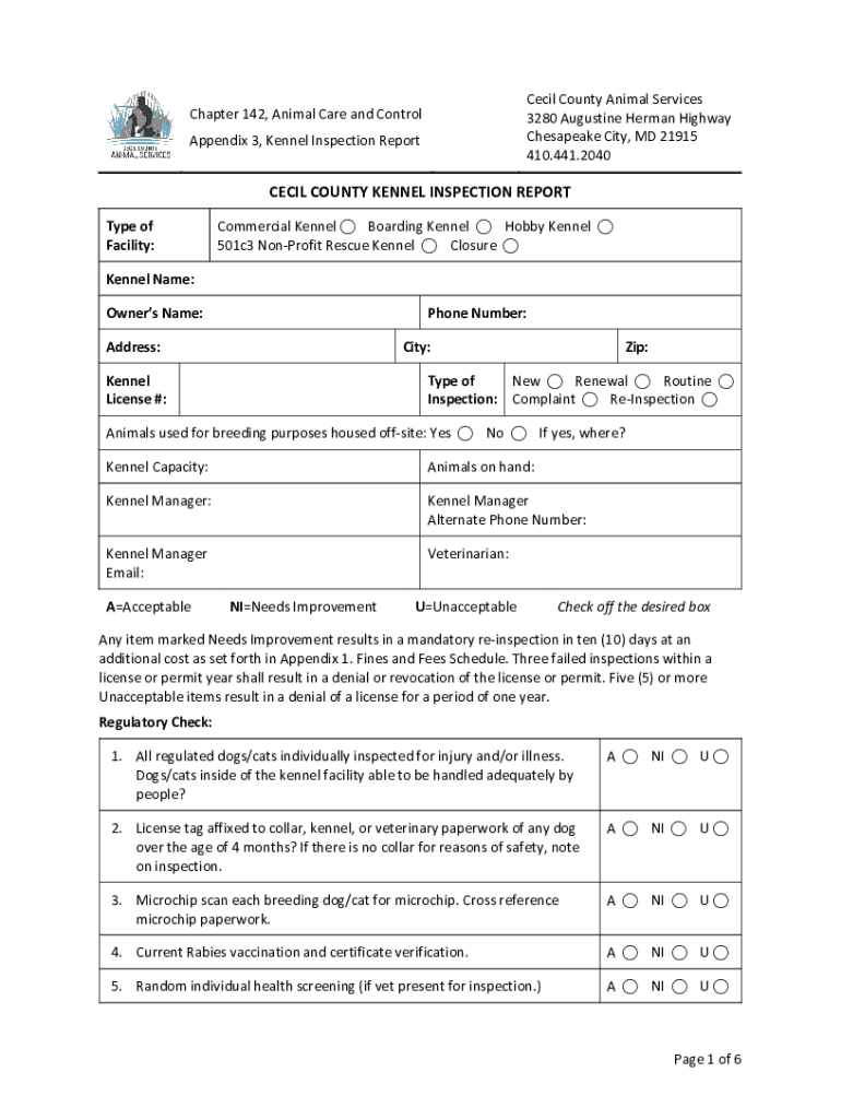 Fillable Online CECIL COUNTY KENNEL INSPECTION REPORT Fax Email Print - pdfFiller