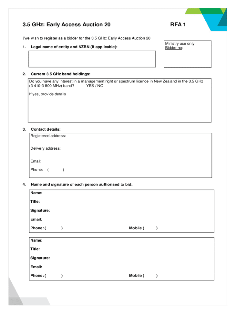 Fillable Online 3.5 GHz Early Access Auction Bidder Registration Form ...