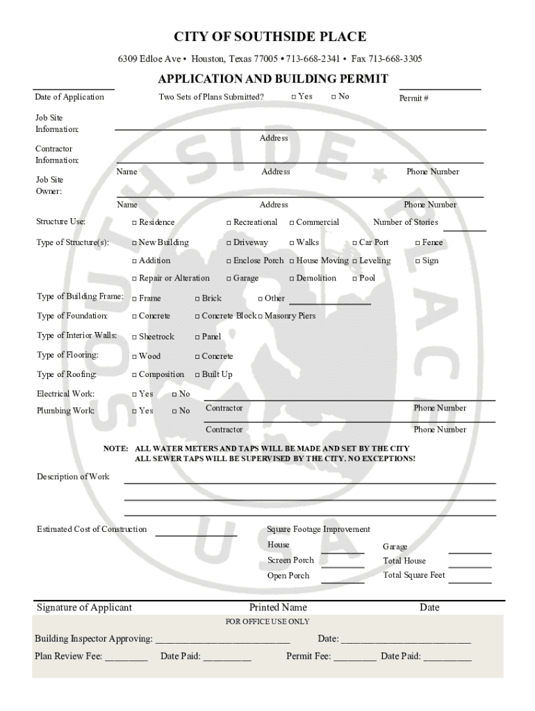 Fillable Online city of southside place - application and building ...