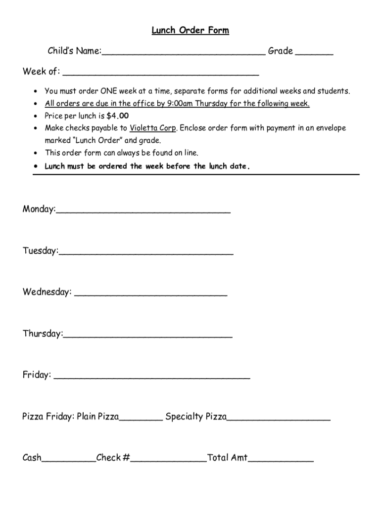 Fillable Online Lunch Order Form Fax Email Print - pdfFiller