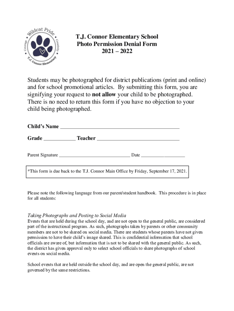 Fillable Online T.J. Connor Elementary School Photo Permission Denial ...