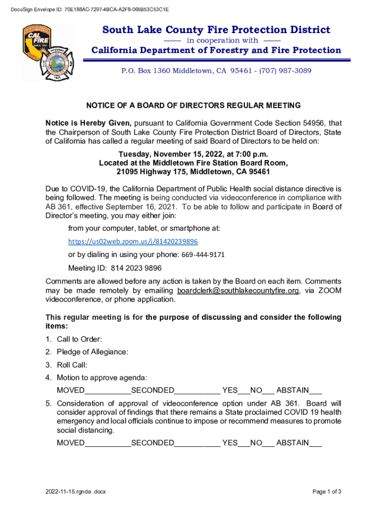 Fillable Online BOARD OF DIRECTORS - Lake County Fire Protection ...