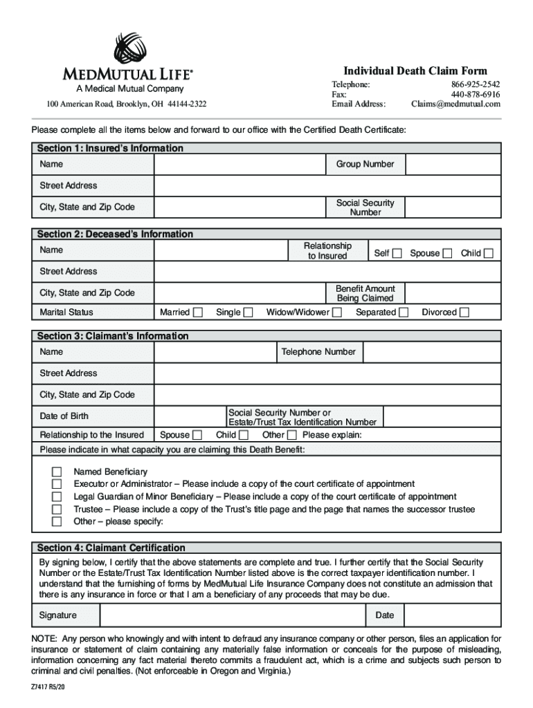 Fillable Online Claim Form - MedMutual Life Insurance Company Fax Email Print - pdfFiller