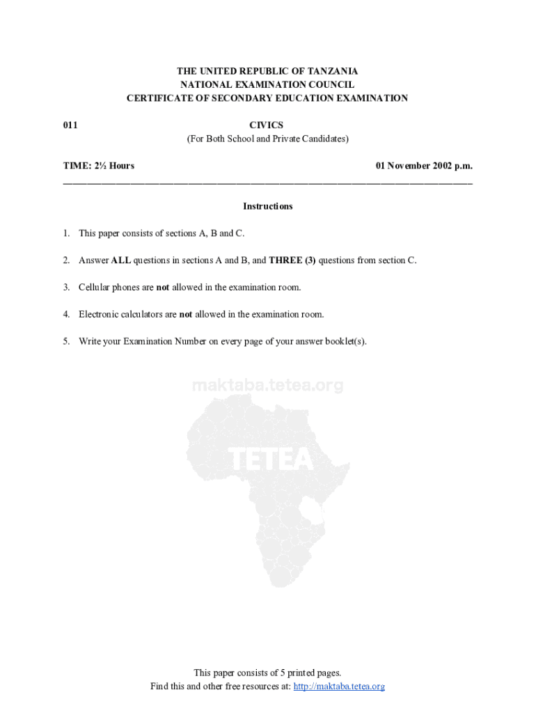 Fillable Online Certificate of Secondary Education Examination(CSEE) Fax Email Print - pdfFiller