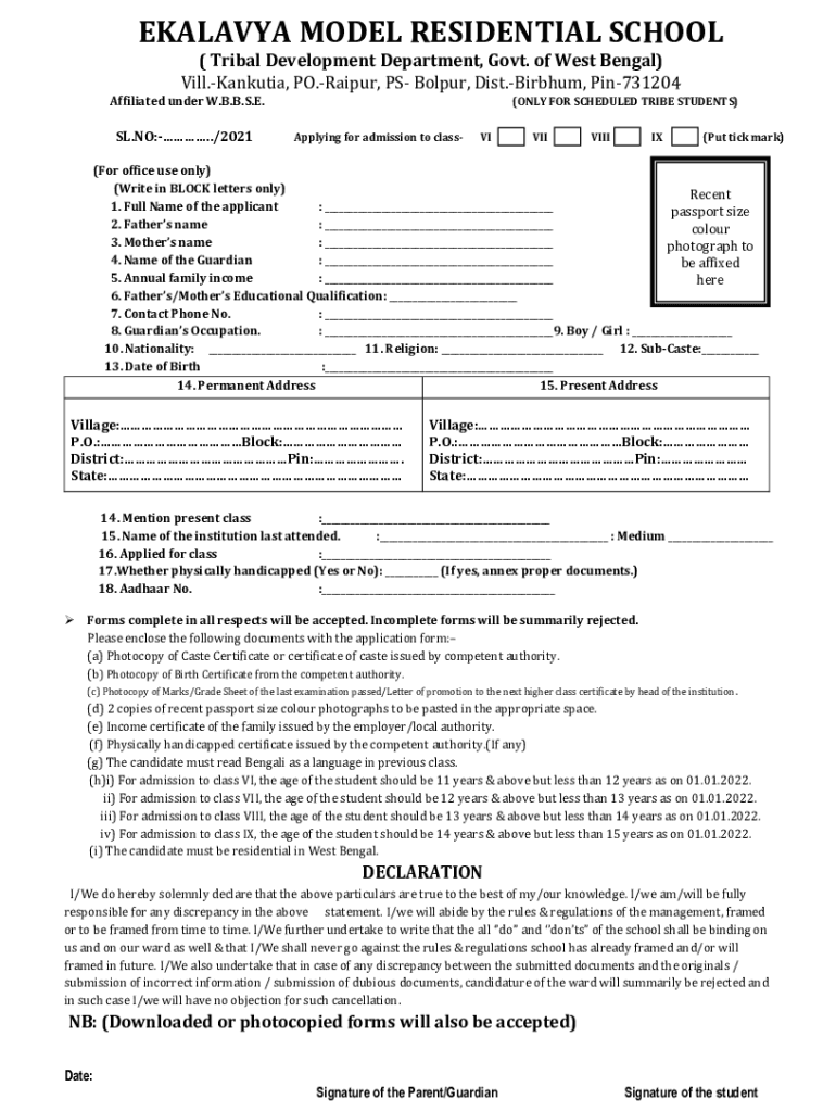 Fillable Online EKALAVYA MODEL RESIDENTIAL SCHOOL Fax Email Print ...