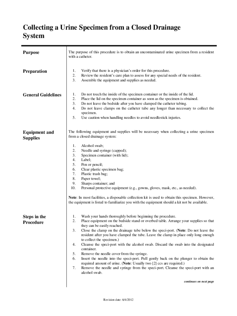 Fillable Online Collecting a Urine Specimen from a Closed Drainage System Fax Email Print ...