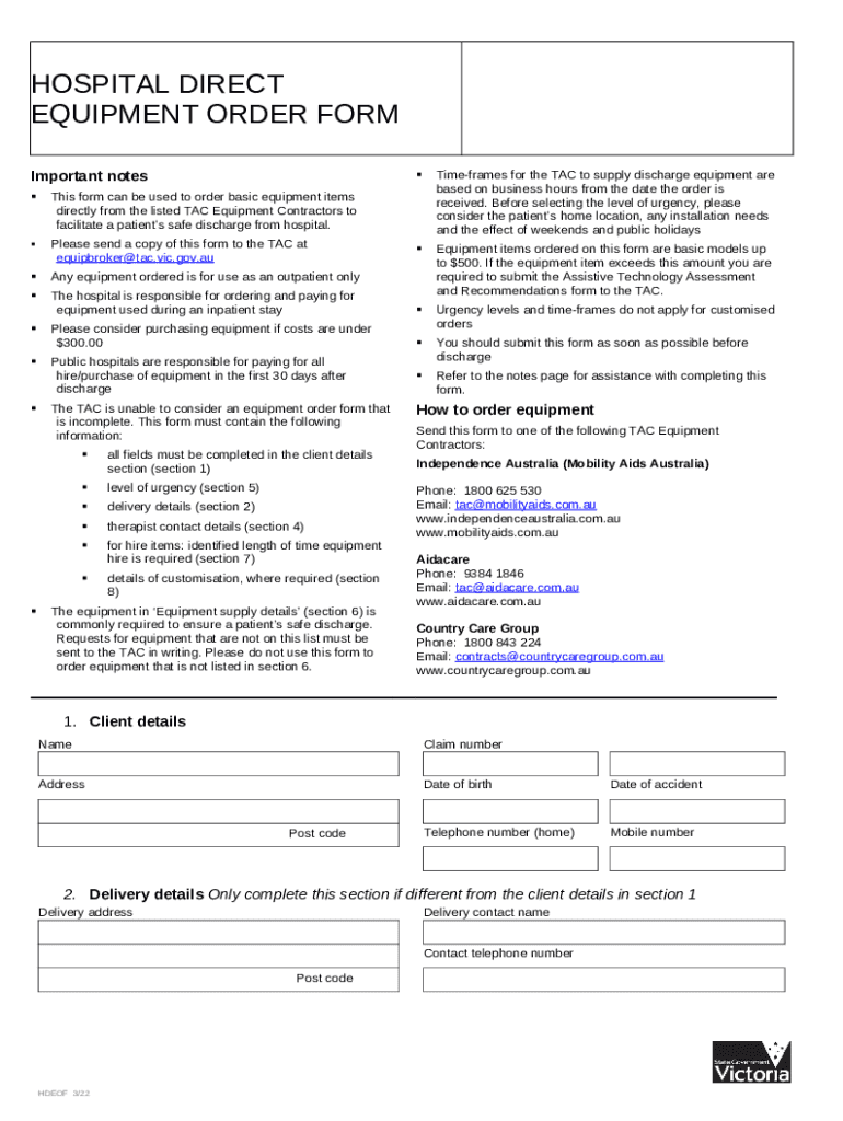 Hospital Direct Equipment Order Doc Template | pdfFiller