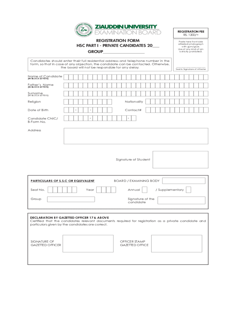 Fillable Online ZUEB HSC Registration FORM Part-I Private Candidate Fax Email Print - pdfFiller